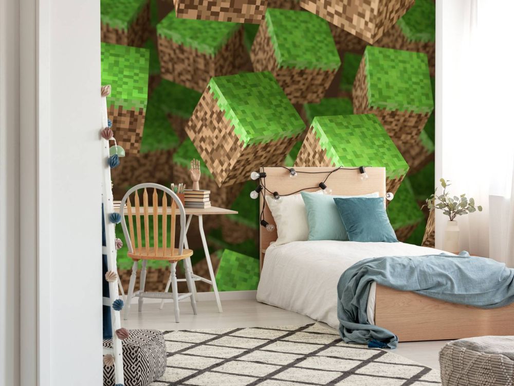 3D Minecraft gras blokken - Fotobehang